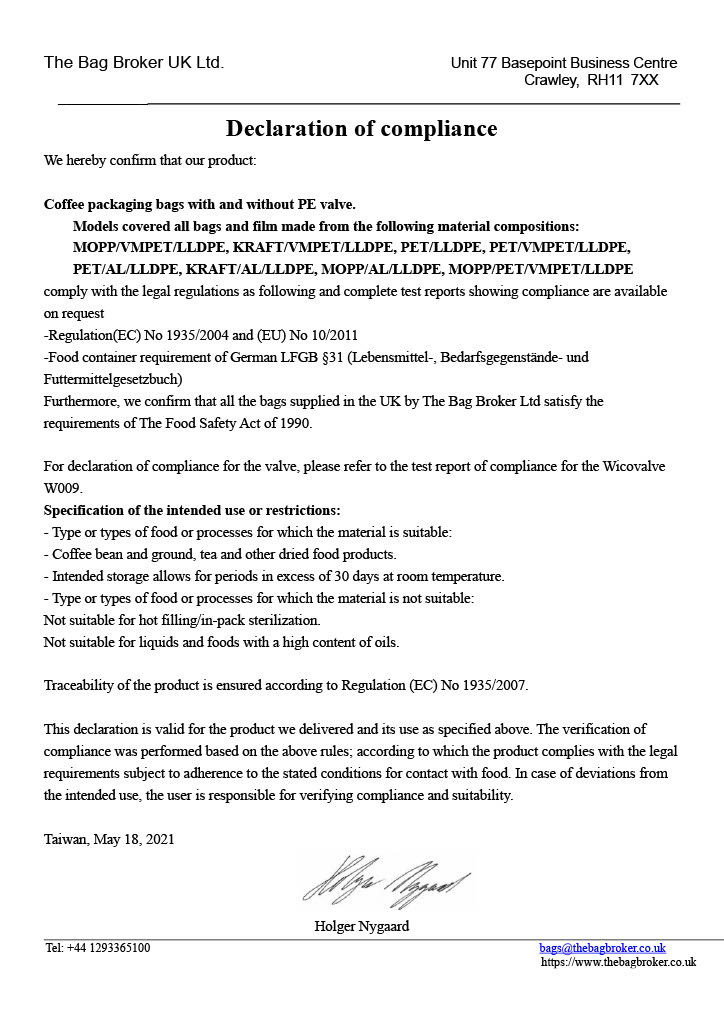 Declaration of Compliance | The Bag Broker Europe
