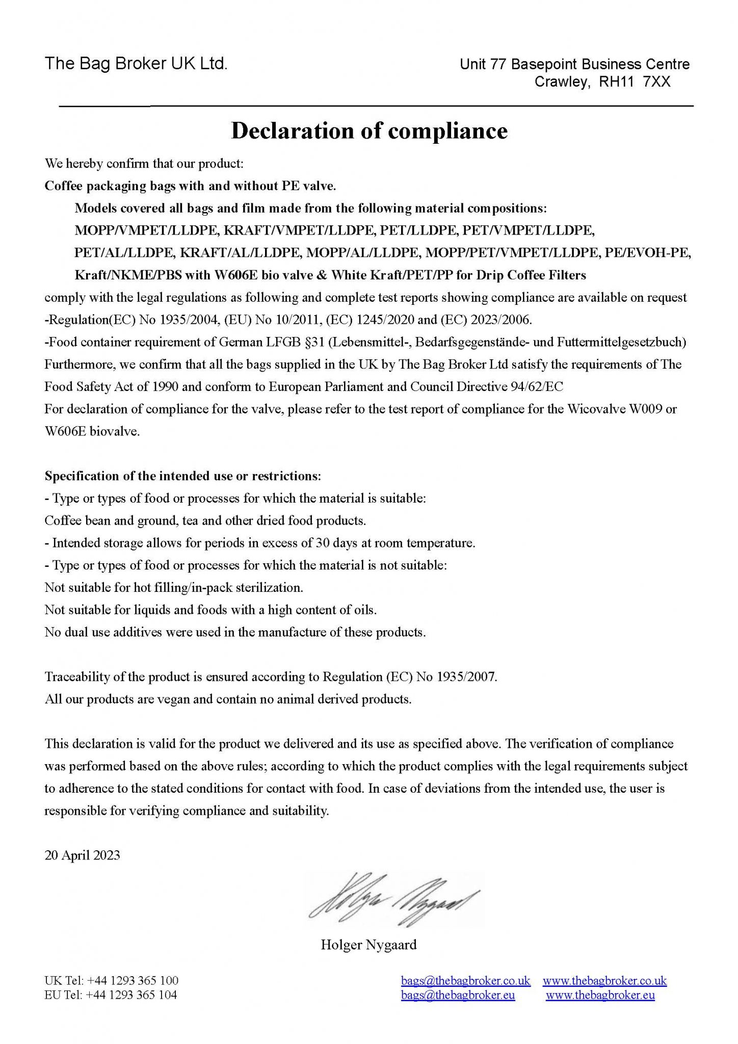 Declaration of Compliance | The Bag Broker Europe
