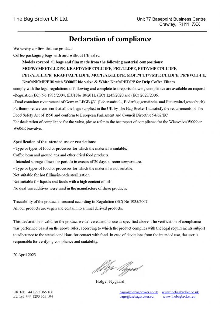 Declaration of Compliance | The Bag Broker Europe